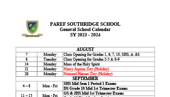General Calendar of Activities SY 2023 - 2024 - PAREF Southridge